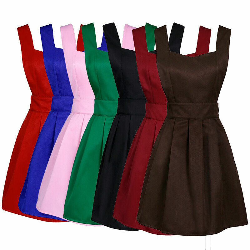 Lady Bib Apron Solid Pocketed Pleated Waitress Uniform Home Workwear ...