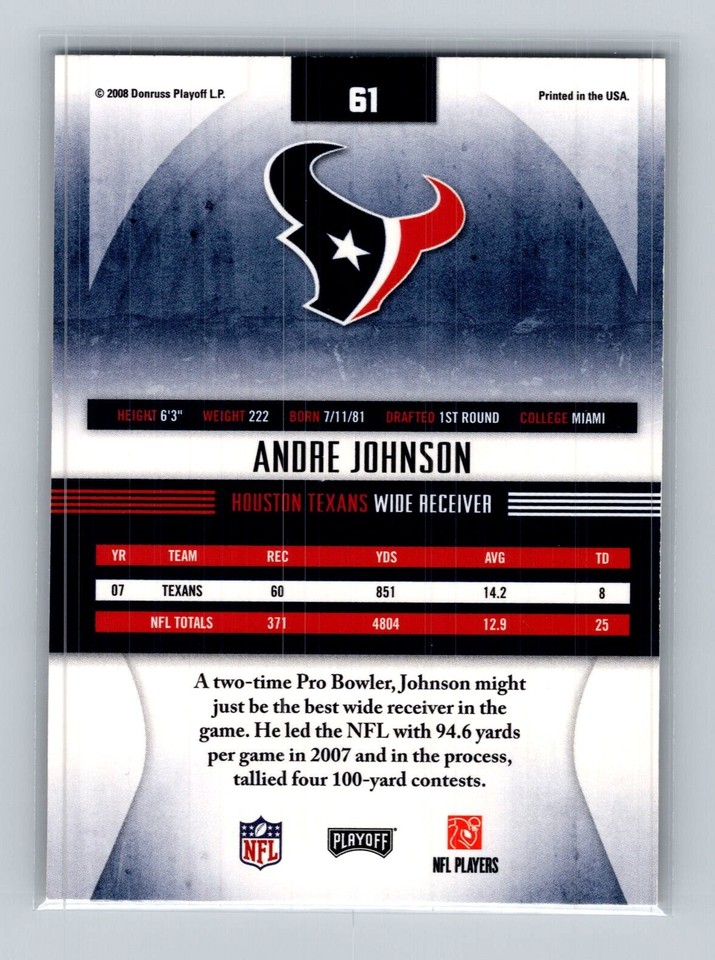2008 Absolute Memorabilia #61 Andre Johnson Houston Texans Football ...