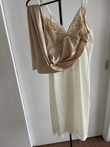 2 Vintage Satin & Lace Full Dress Slips Nylon Tricot Antron USA 34 Ivory & Beige | eBay