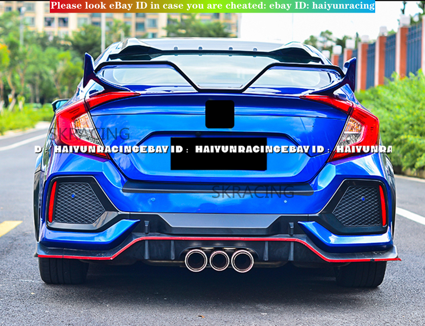 For Honda Civic Sedan 2016-2021 Black+Blue Rear Spoiler Gull Wing Tail ...