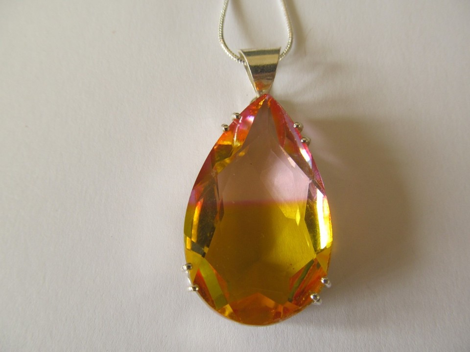 NEW LARGE TEARDROP FACETED BI-COLOR - PINK & CITRINE CRYSTAL PENDANT SS ...