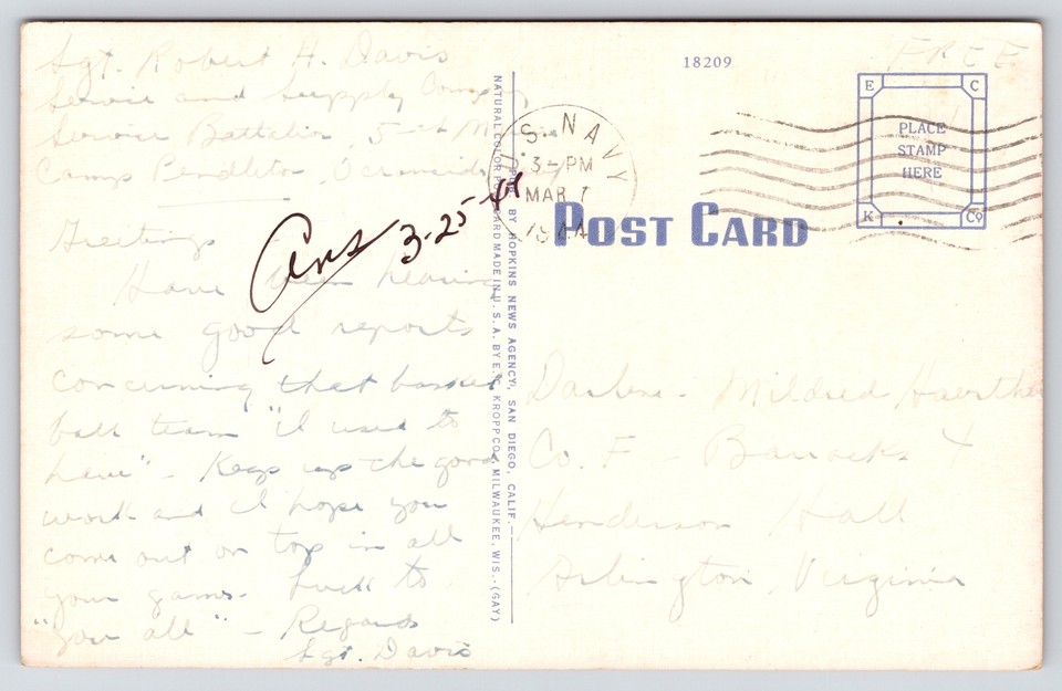 Camp Joseph H Pendleton Large Letter Linen Postcard~WWII 1944 Navy PM ...