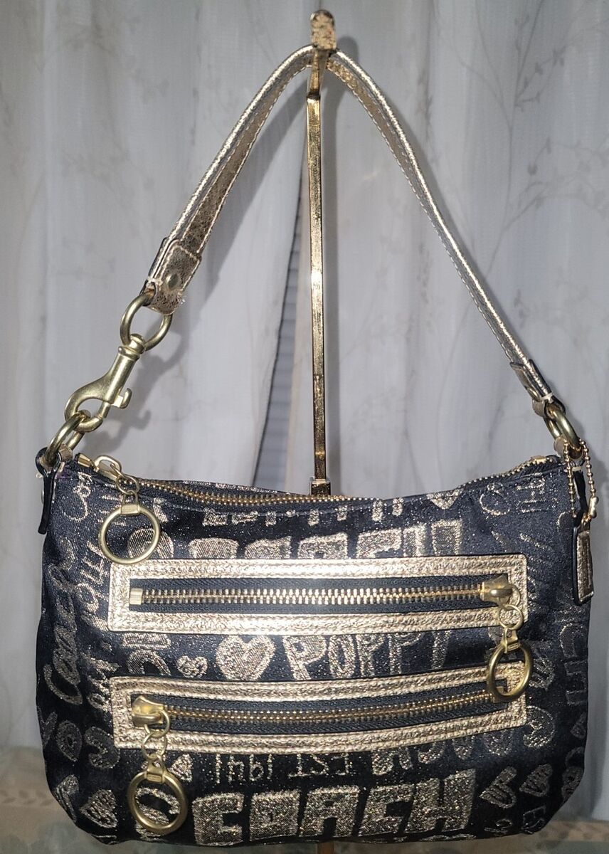 COACH POPPY BLACK FABRIC SMALL BAG WITH GOLD METALLIC COACH POPPY BLACK FABRIC SMALL BAG WITH GOLD METALLIC