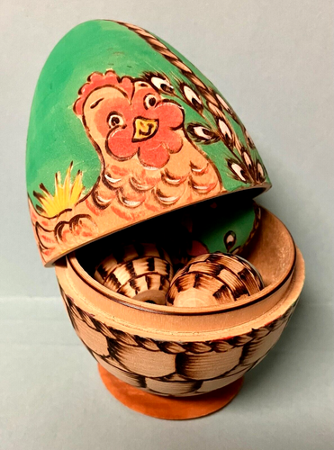Russian - Hand Painted - Wood Burned Pyrography - Wooden Egg w/ 3 ...