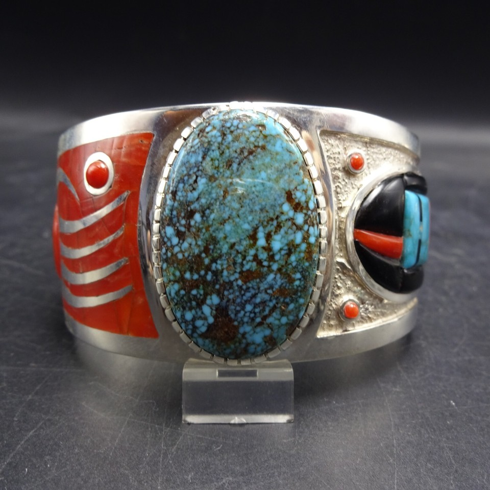 MICHAEL PERRY Navajo TURQUOISE and CORAL Sterling Silver YEI Cuff ...