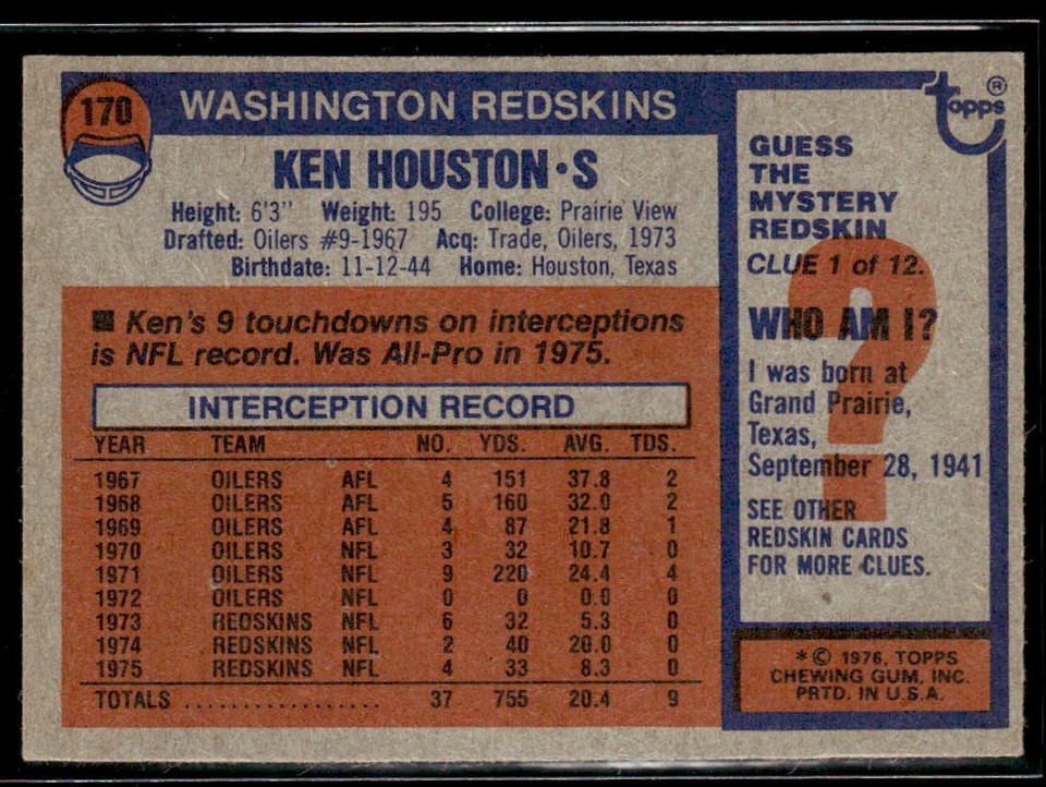 1976 Topps #170 Ken Houston | eBay