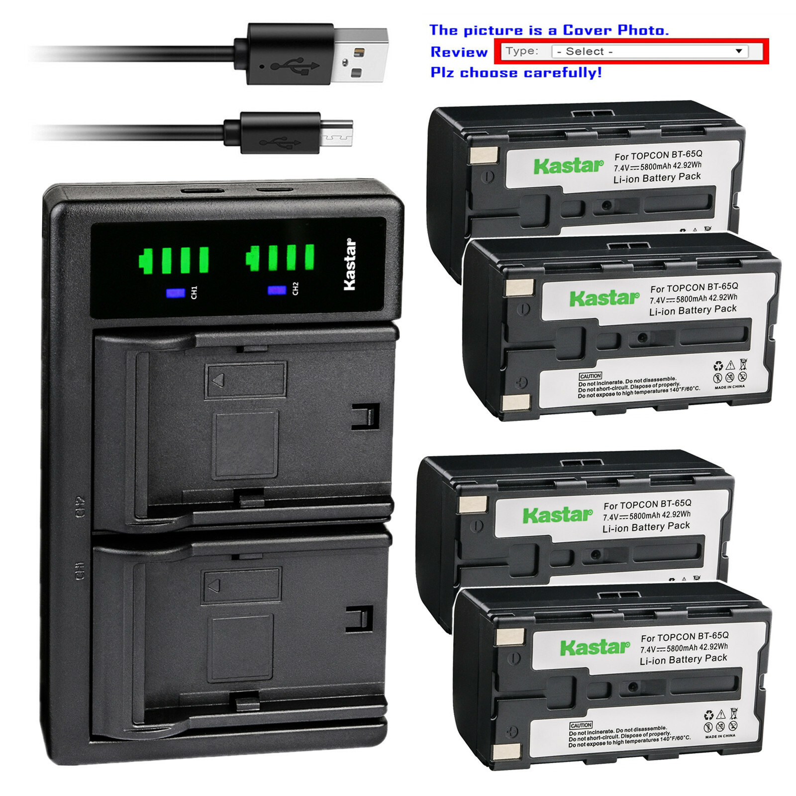 Kastar Battery LTD2 USB Charger for Topcon FC-200 FC-2200 FC-2500 GPT ...