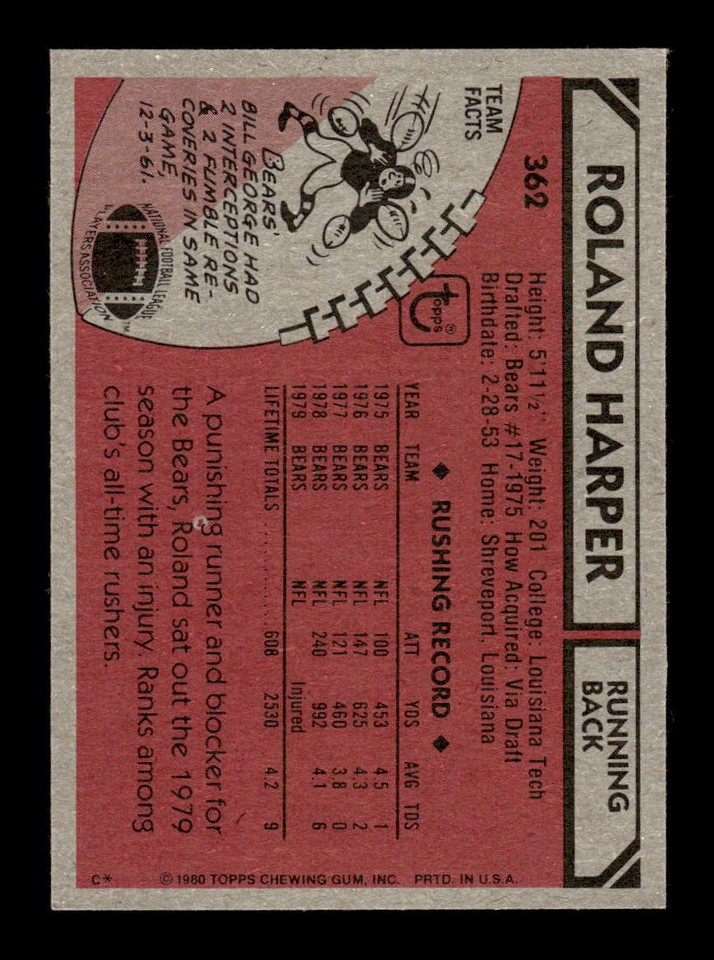 1980 Topps Football #362 Roland Harper Chicago Bears | eBay