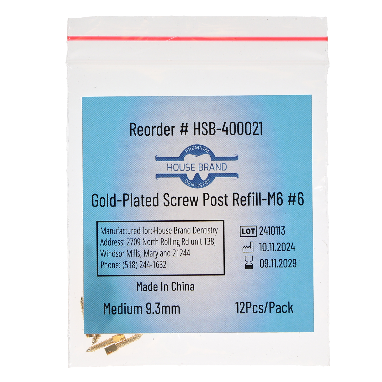 House Brand Dentistry 400021 HSB Gold Plated Screw Posts M6 #6 Medium 9 ...