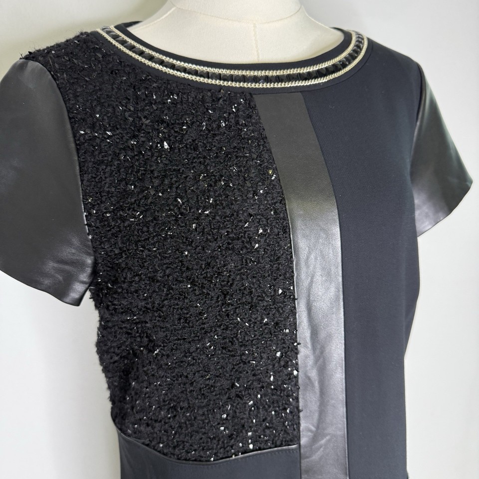 Basler Black Beaded Faux Leather Shift Dress Size 10 | Short Sleeve ...