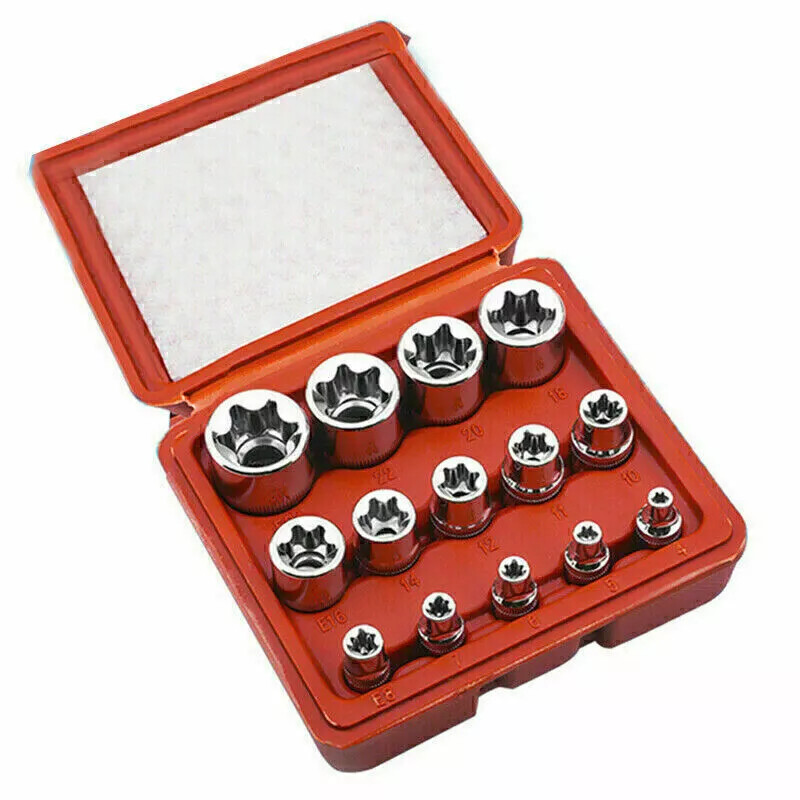 E Torx Star Female Bit Socket Set 14 PCS 1/2" 3/8" 1/4" Drive E4 - E24 ...