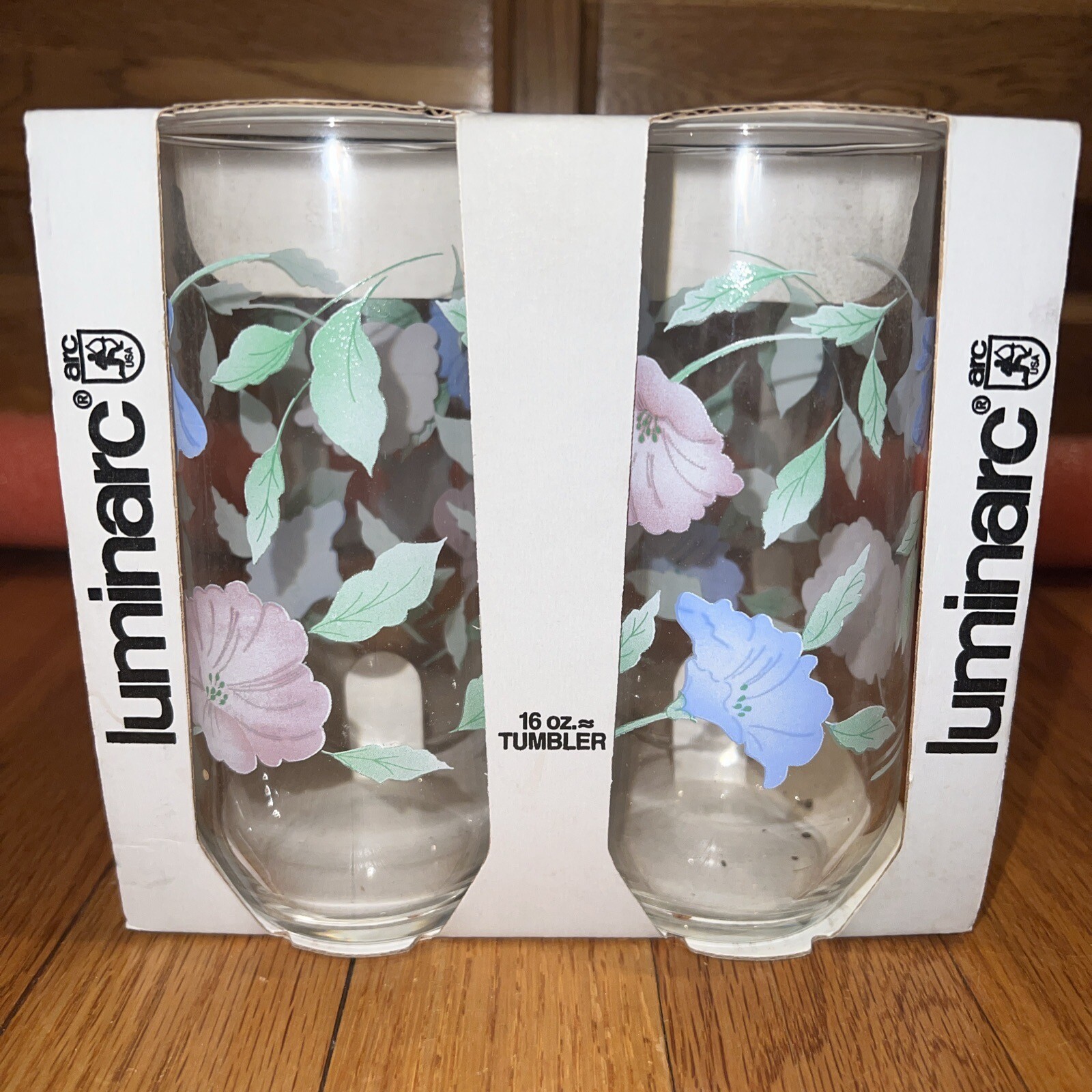 Vintage Luminarc 16 Oz Glass Tumblers set of 4 Pattern Blue Pink ...