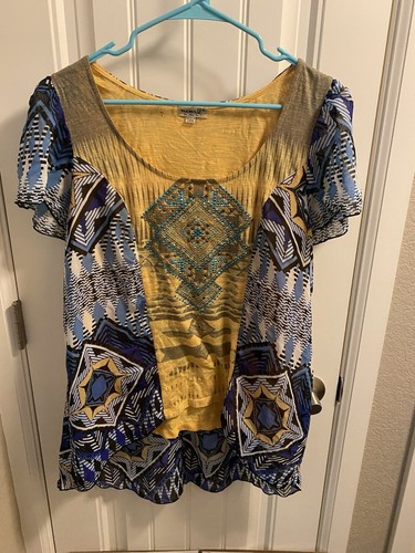 One World XL Top Rhinestone Embellished Blouse Yellow Blue Lined Shirt ...