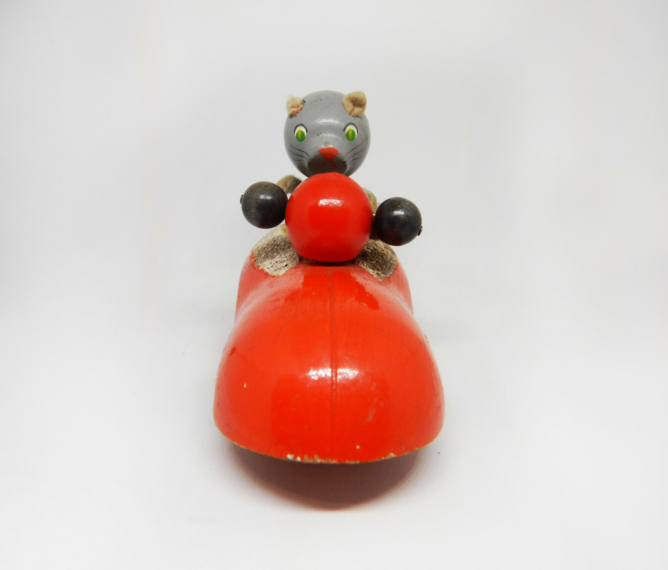 Vintage Wooden Mechanical Toy Cat Driving Shoe Metal Mechanism Working ...