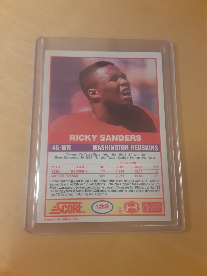 1989 Score #122 RICKY SANDERS (error) Washington Redskins Football Card ...