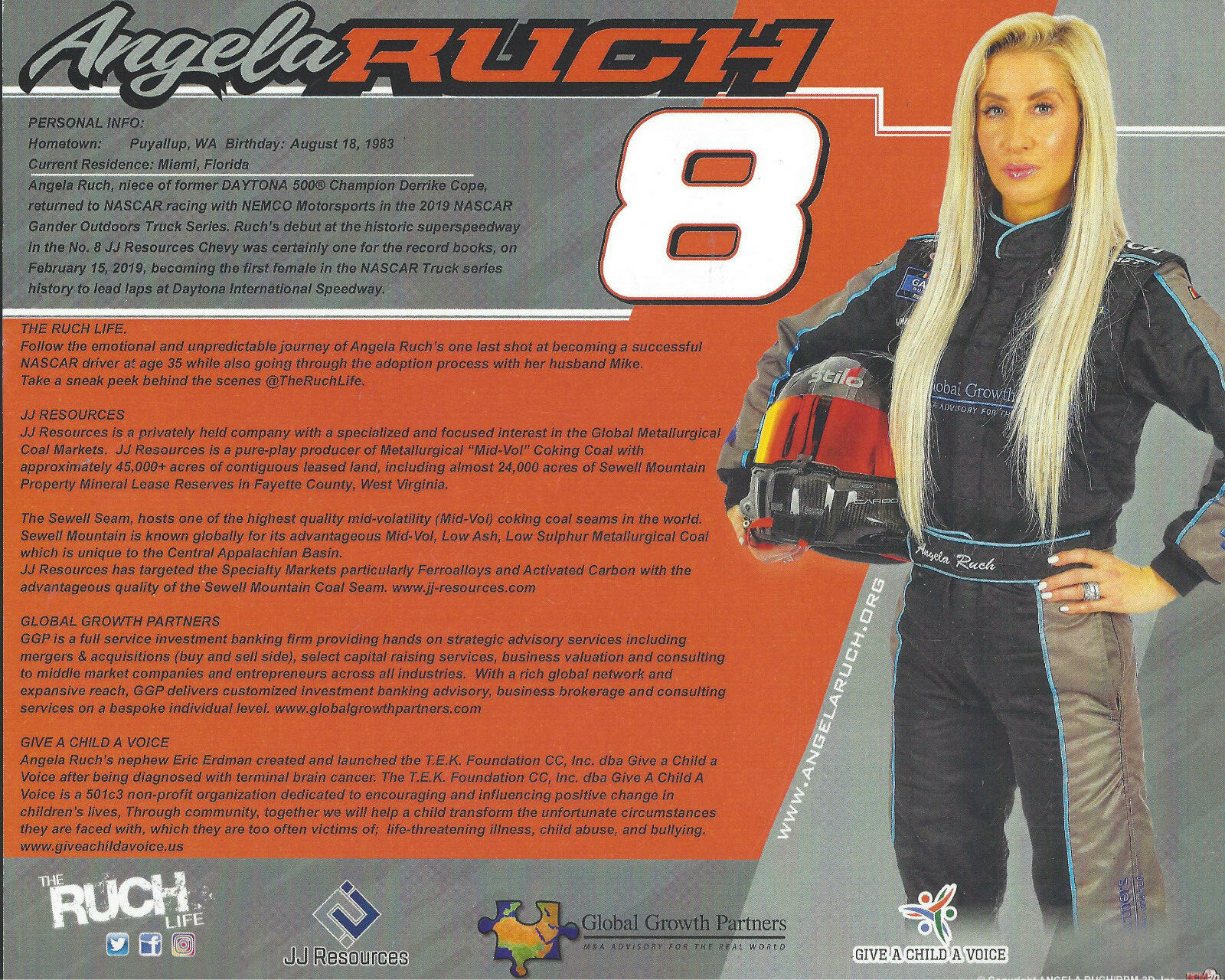 2019 ANGELA RUCH "GLOBAL GROWTH PARTNER" #8 NASCAR GANDER OUTDOOR TRUCK ...