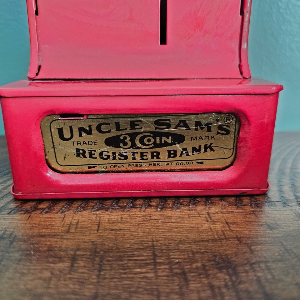 VINTAGE METAL Bank-UNCLE SAM'S CASH 3-COIN Register Bank RED WORKS! | eBay