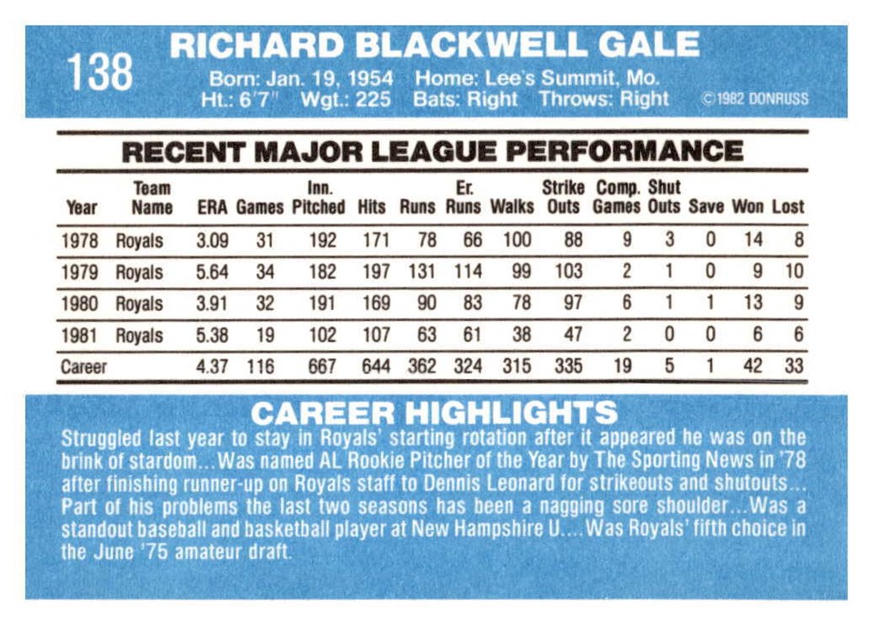1982 Donruss Richard Gale 138 | eBay