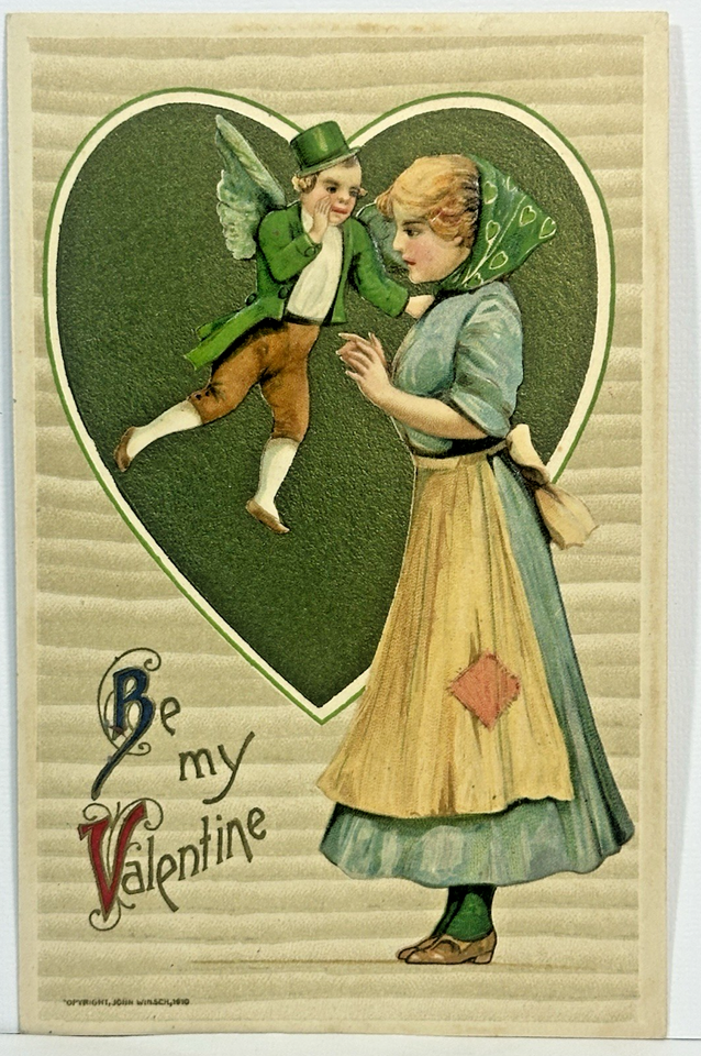 Schmucker Valentine Postcard Winsch Leprechaun Fairy Cupid Irish Lady u ...