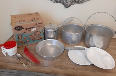Vintage 12 Piece Aluminum Camping Kit Plates Pots And Pans Mirro M4352 ...