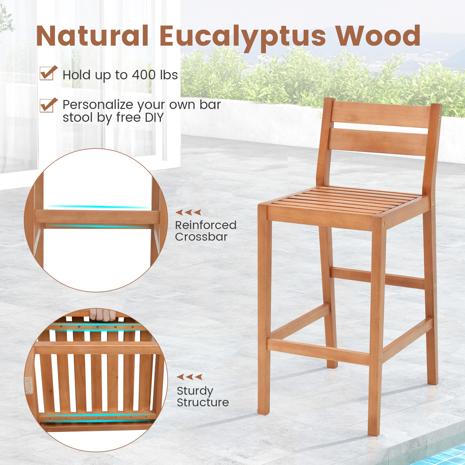 3 Piece Outdoor Bar Set Patio Eucalyptus Wood Bar Height Table & 2 ...