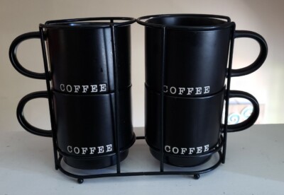 Set of Four Nicole Miller Stackable Coffee Mugs with Black Metal ...
