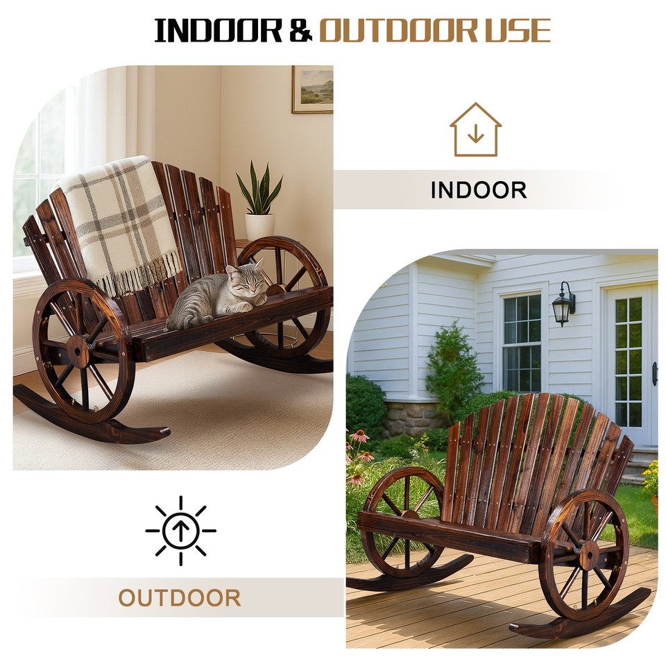 In/Outdoor 36in Rustic Wooden Wagon Adirondack Rocking Chair 2-Person ...