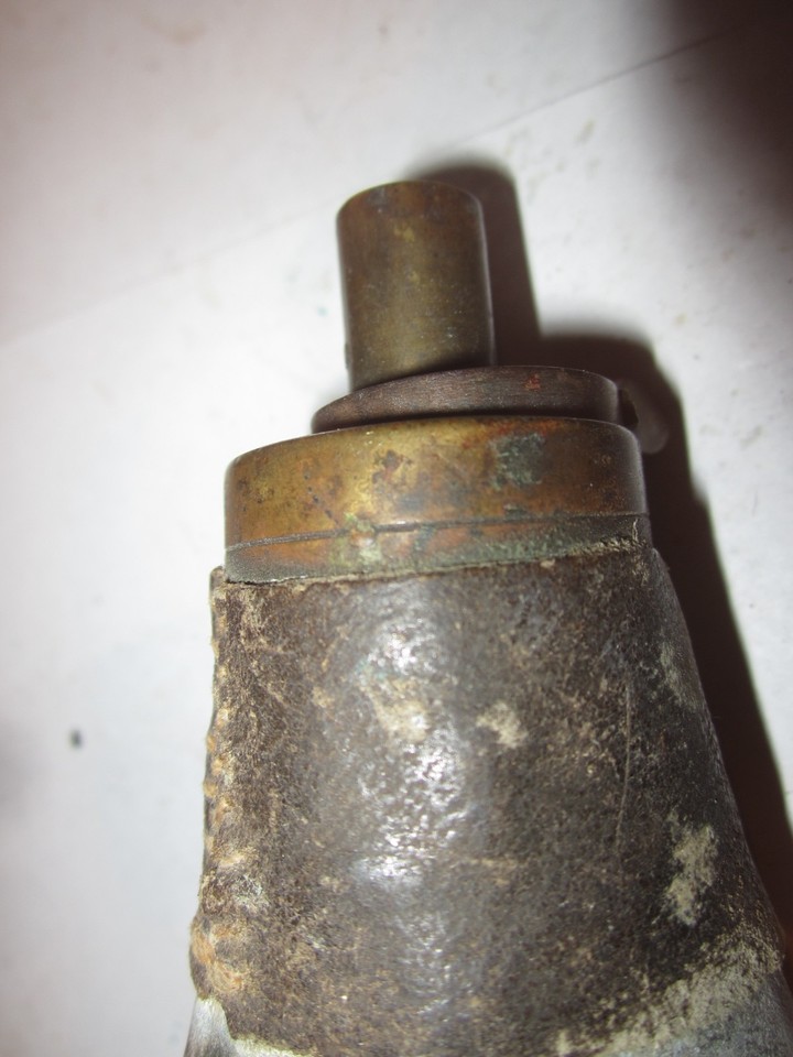 Antique Brass Black Powder Flask GAME MOTIF BIRDS DEER LEATHER WRAP FOR ...