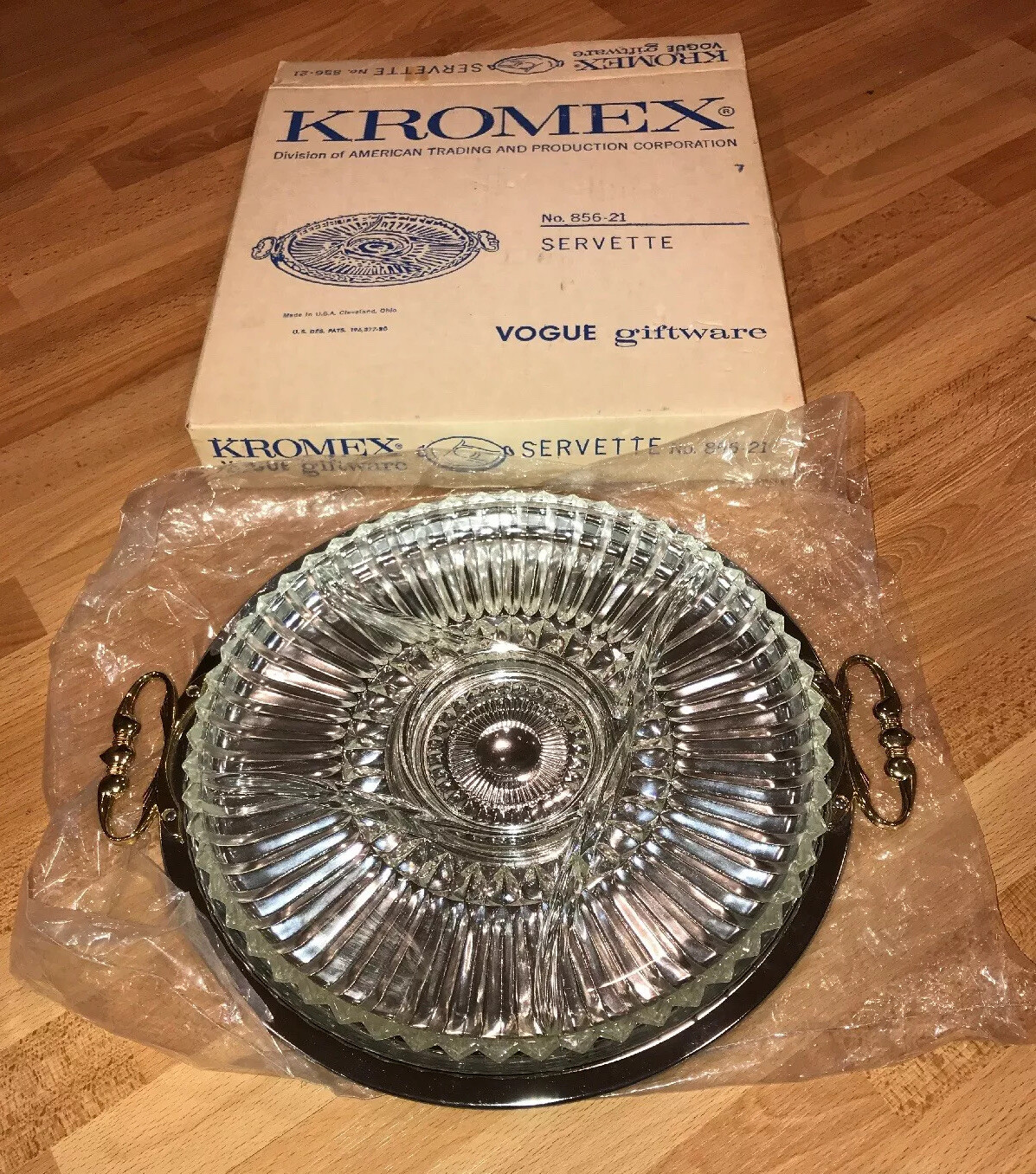 VTG KROMEX SERVETTE 856-21 TRAY W/ BRASS HANDLES GLASS INSERT VOGUE ...