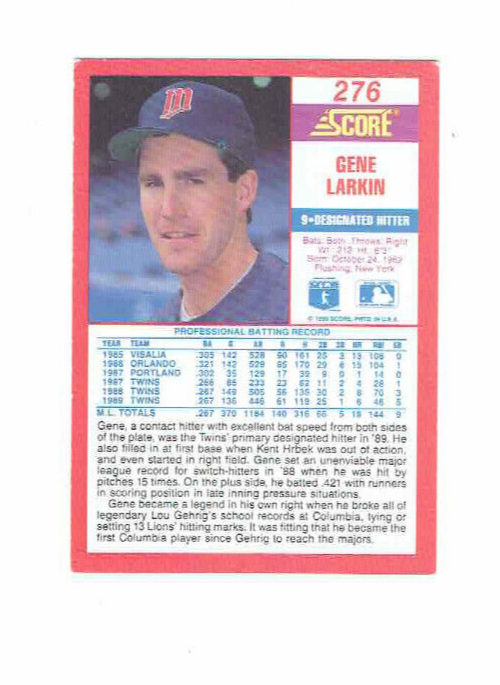 Gene Larkin MN Twins #9 DH #276 Score 1990 Baseball Card | eBay