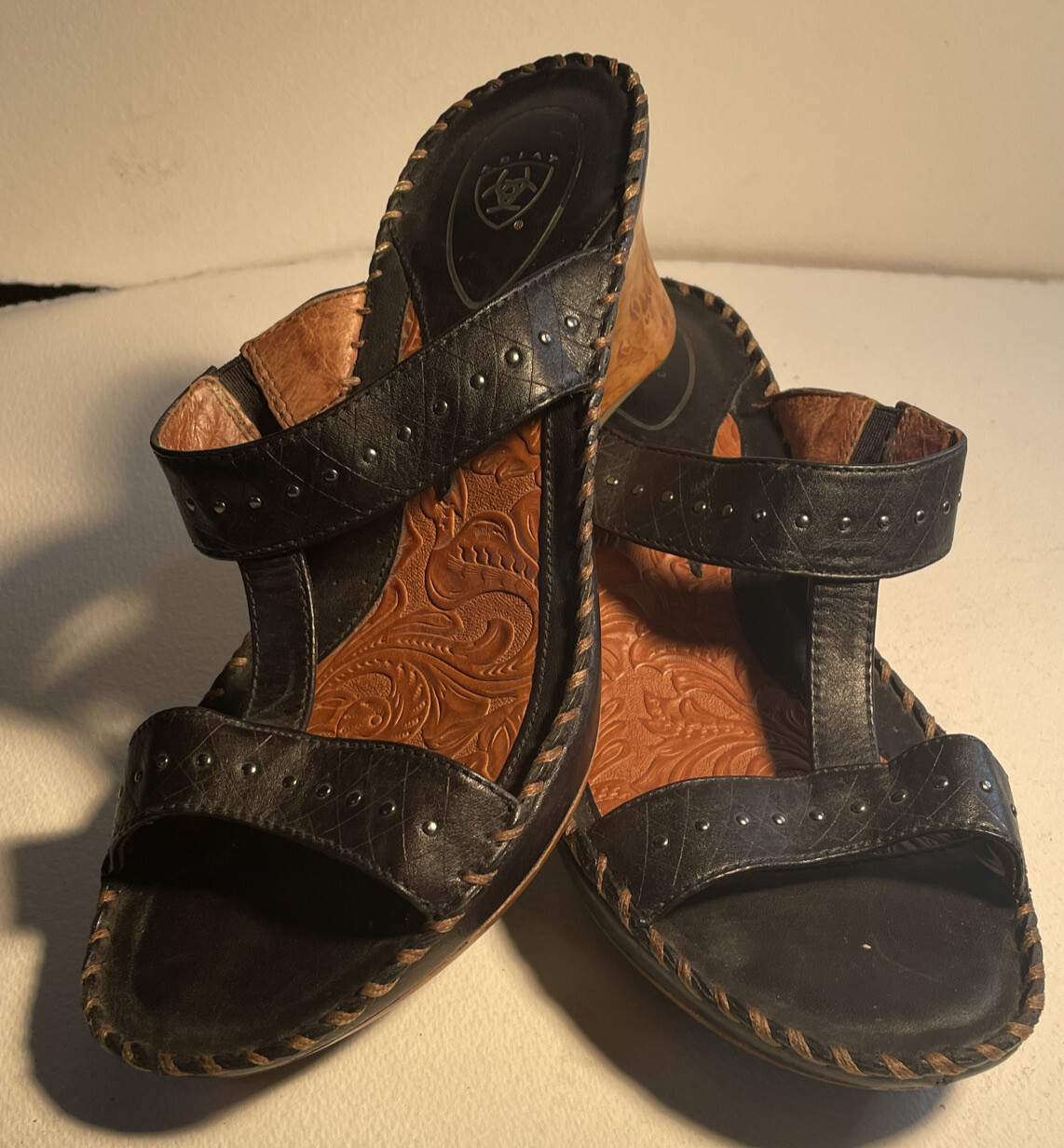 Ariat Womens Sandal Wedge Heels Shoes Black Slides With Brown Western ...