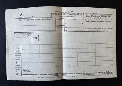 Vintage Blank Post Office Telegraph Form, 6d for 12 Words Inland ...