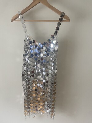 & OTHER STORIES MIRROR DISC CHAINMAIL MINI DRESS Size M/L Silver NWT ...