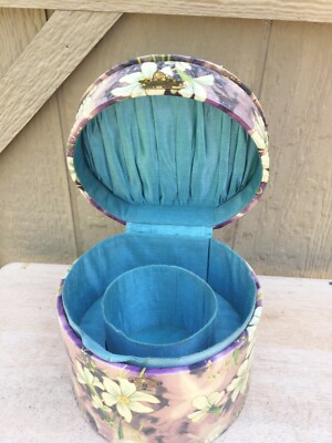 Victorian Antique Celluloid Collar Box Silk Lined Floral Round 6 3/4" x ...