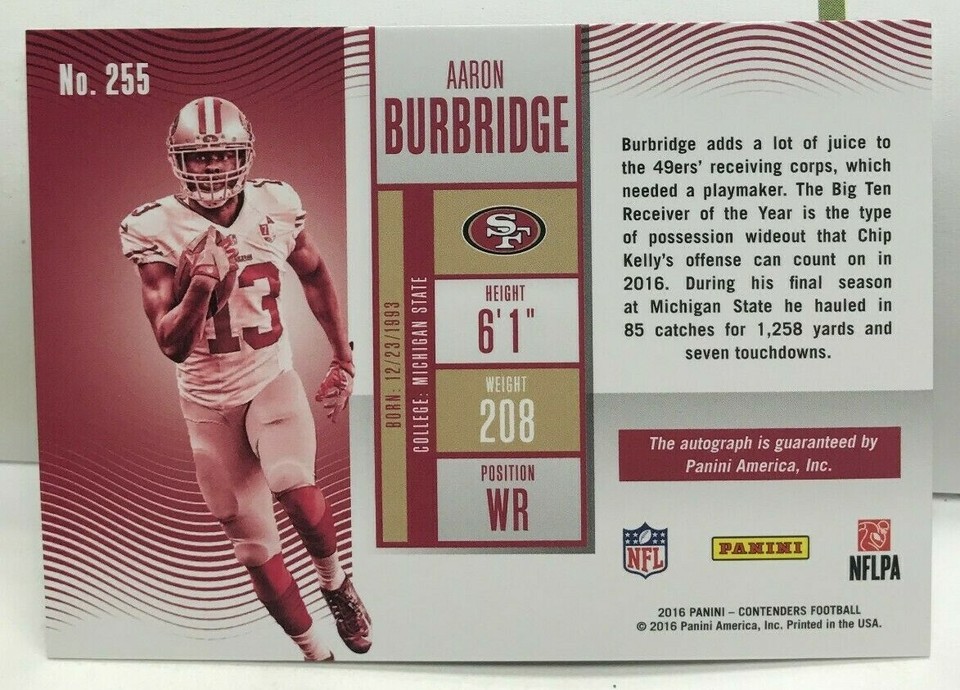 Aaron Burbridge 2016 Panini Contenders PLAYOFF Ticket Var RC Autograph ...
