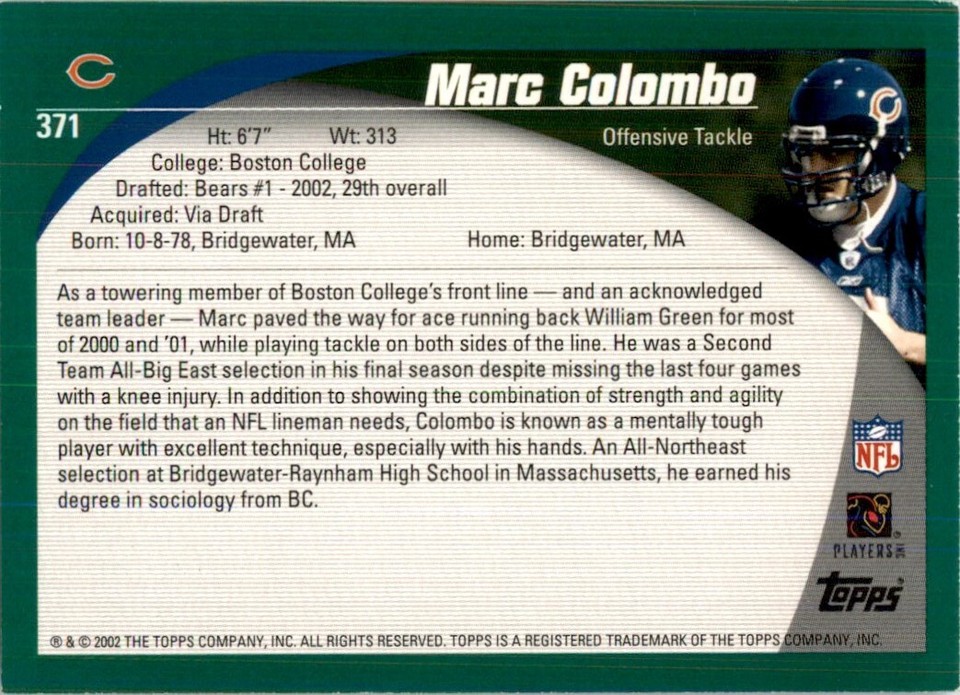 2002 Topps Marc Colombo Rookie Chicago Bears #371 NFL Football Sports ...