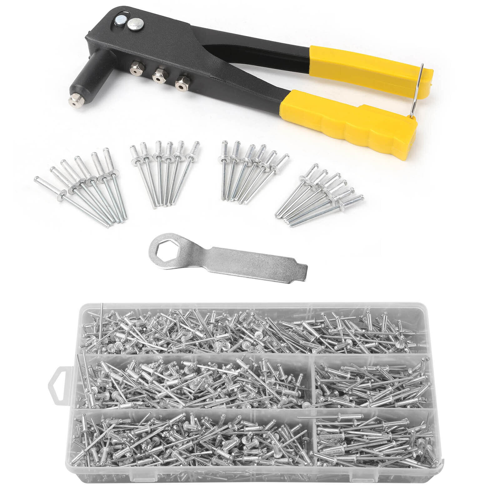 Heavy Duty Hand Pop Rivet Gun Tool Kit 1000 Assorted Rivets 4 Nozzle ...