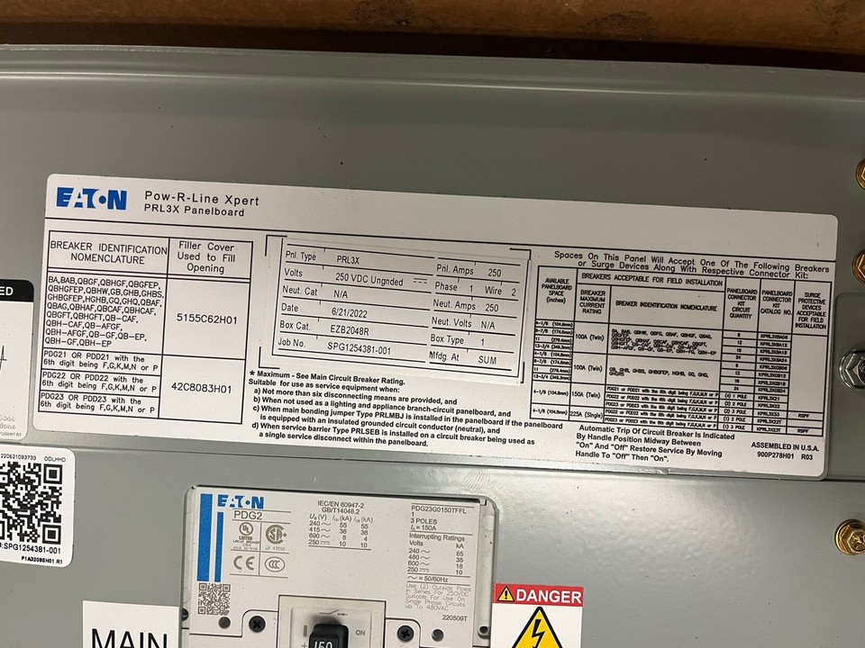 EATON,PRL3X,250A 250VDC POW-R-LINE XPERT PANELBOARD MAIN IS PDG2 150AMP ...