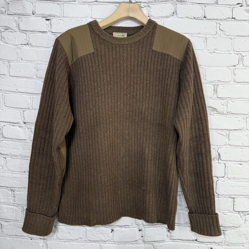 LL BEAN Mens Commando Sweater L Reg Merino Lambswool Shoulder Elbow ...