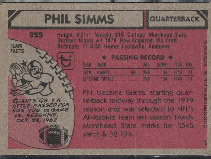 1980 Topps RC Phil Simms #225 Off Center Rookie New York Giants | eBay