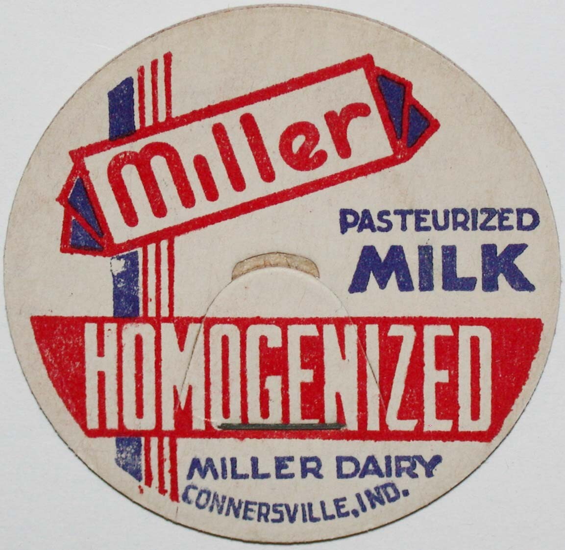 Vintage milk bottle cap MILLER DAIRY Homogenized Connersville Indiana ...