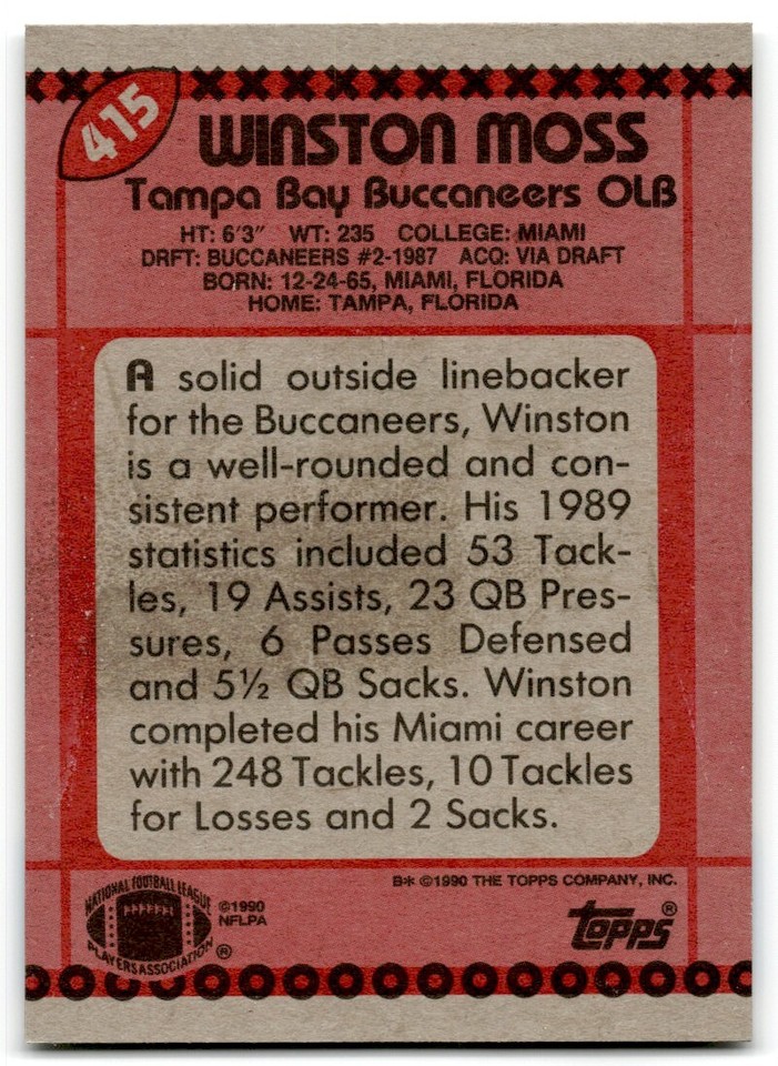 1990 Topps Winston Moss Tampa Bay Buccaneers #415 | eBay