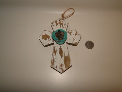 White Distressed Cross with Metal Blue flower, 4.45" X 5.95" | eBay