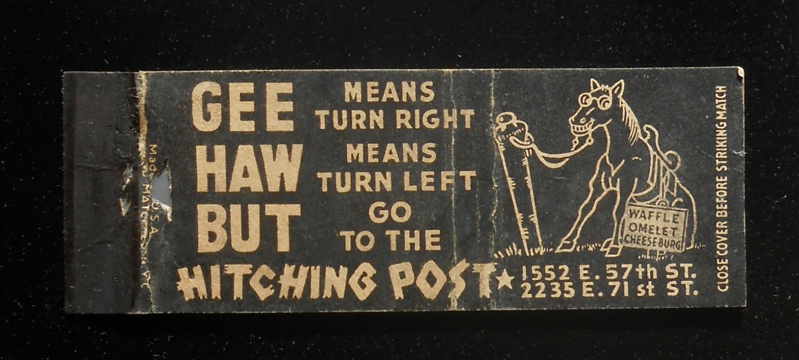 1930s Full Length GEE HAW BUT Hitching Post Waffle Omlet Cheeseburg ...