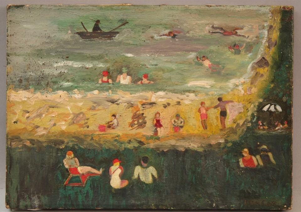 Antique Signed American Expressionist Folk Art Beach Umbrella Swimmers ...