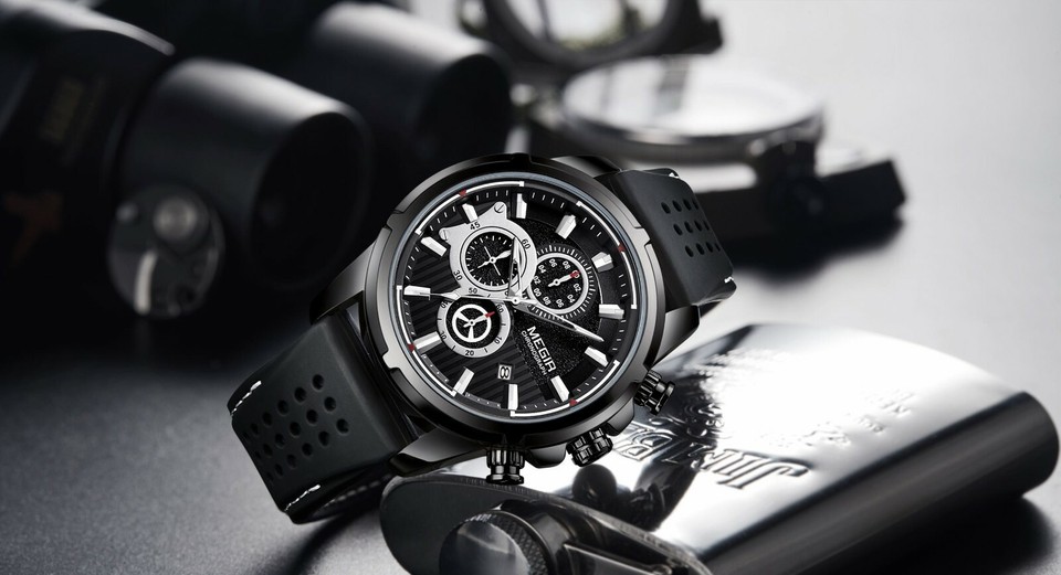 MEGIR Men's Watches Quartz Movement Alloy Case Silicone Strap Black ...