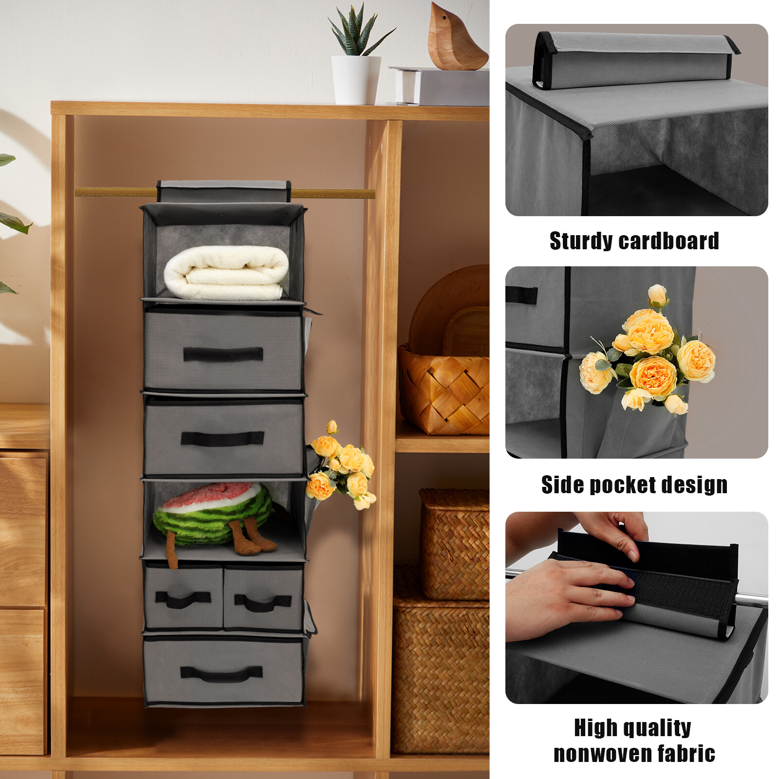 6-Shelf Hanging Closet Organizer Pockets Wardrobe Drawers Storage ...