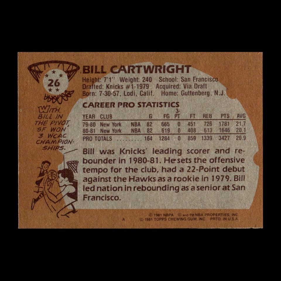 Bill Cartwright 1981-82 Topps New York Knicks #26 Nice! 1 | eBay