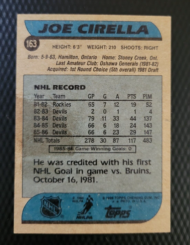 1986-87 Topps JOE CIRELLA New Jersey Devils Hockey NHL Career Stats ...