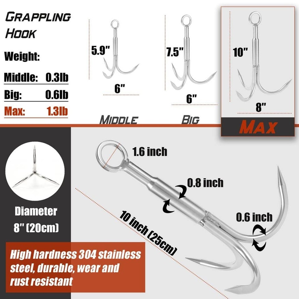 Grappling Hook with Rope-Includes Nylon Rope 6/8/10mm 50FT,Large ...
